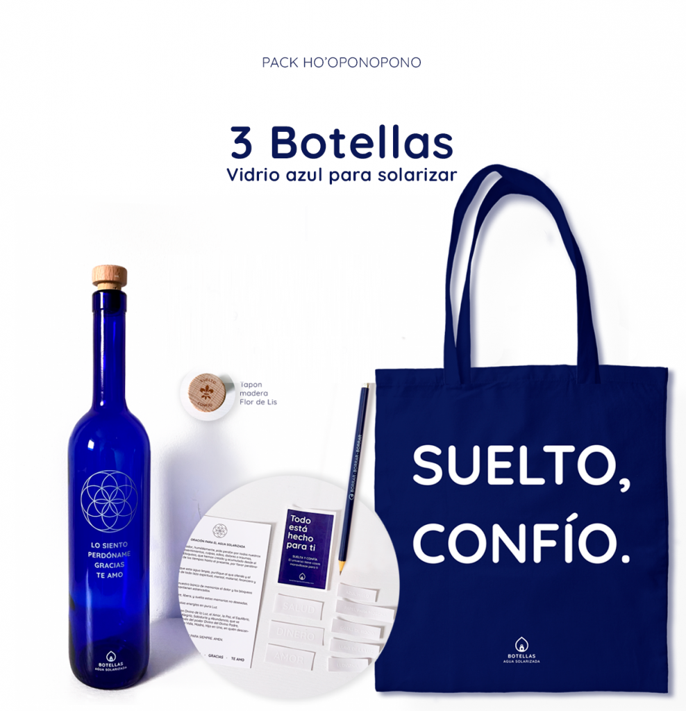 Botellas vidrio azul para solarizar agua Ho'oponopono - Botellas agua ...