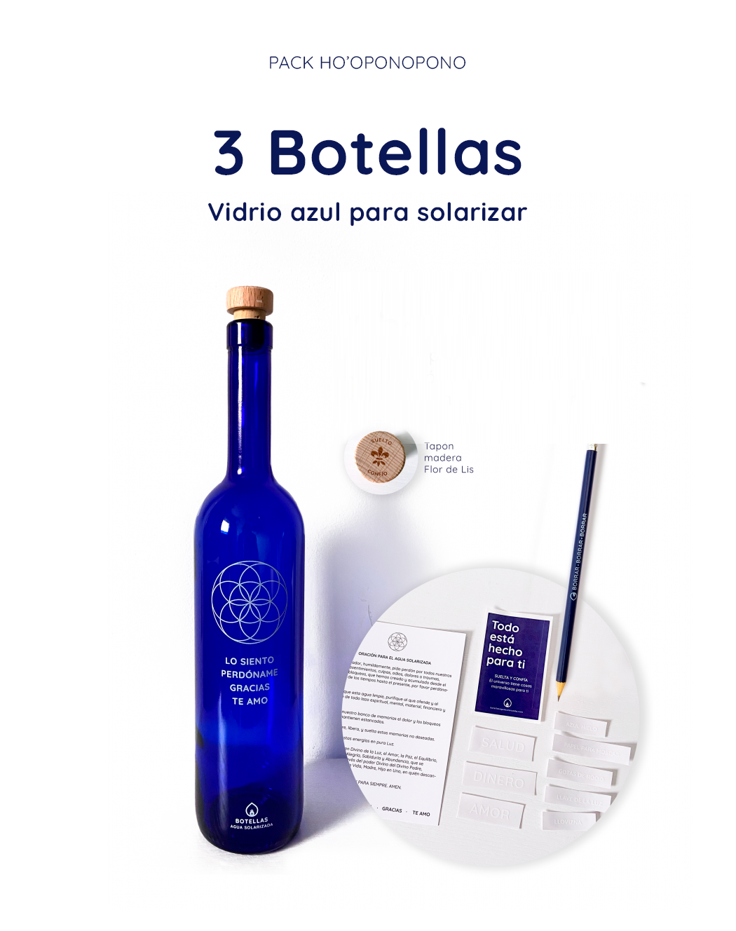 Botellas vidrio azul para solarizar agua Ho'oponopono - Botellas agua ...