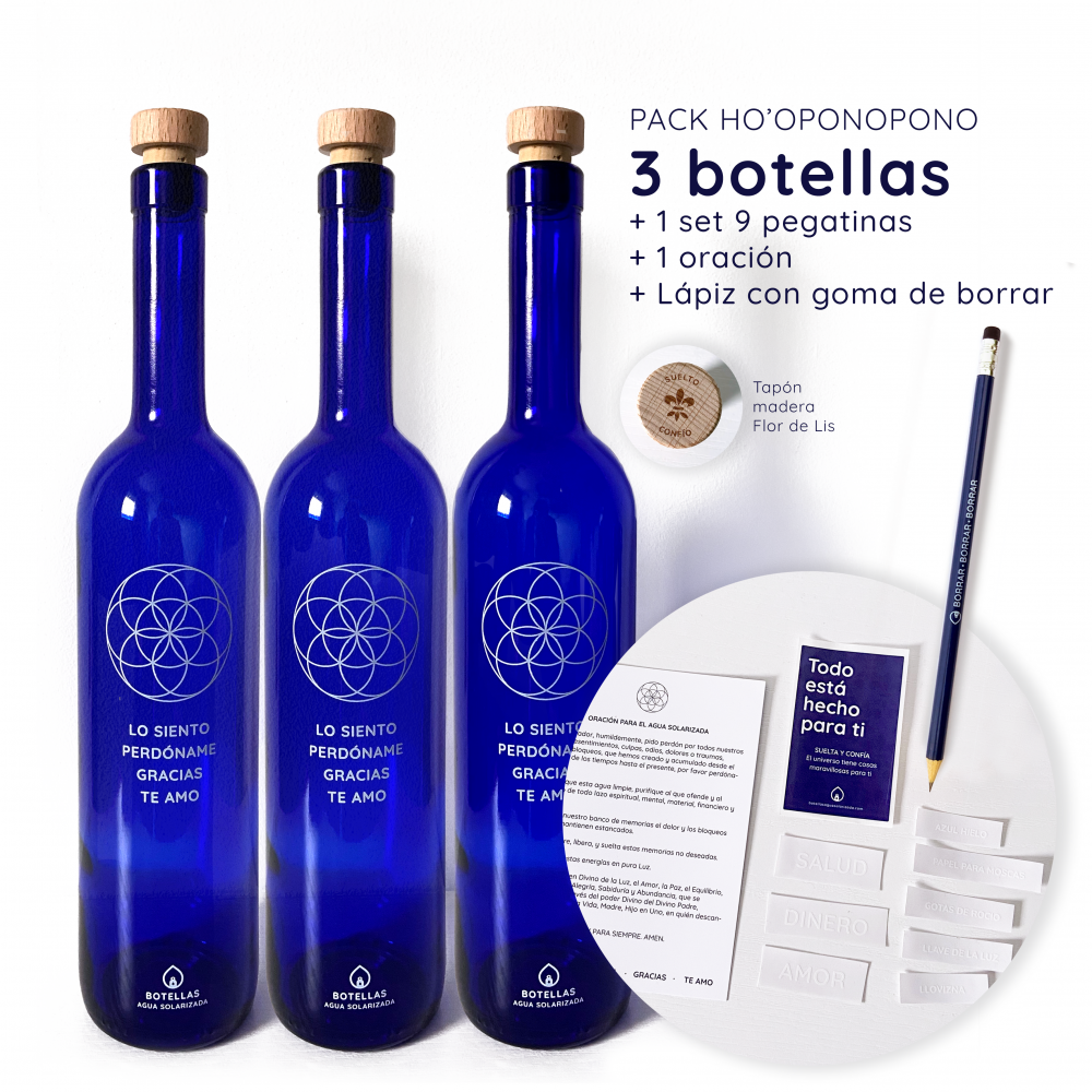 Agua botella azul | Agua solarizada Ho'oponopono | Agua solar azul